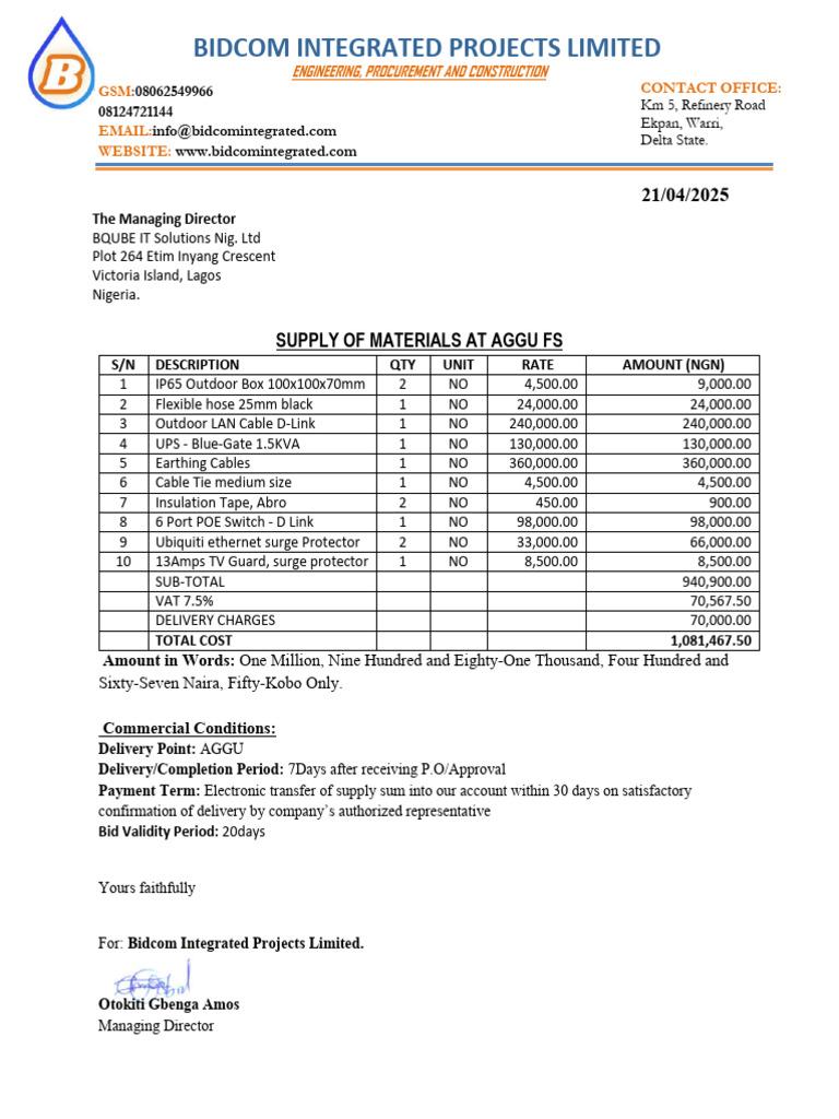 Bidcom Quotation - Supply of Materials at Aggu Fs. Rev 2 | PDF ...