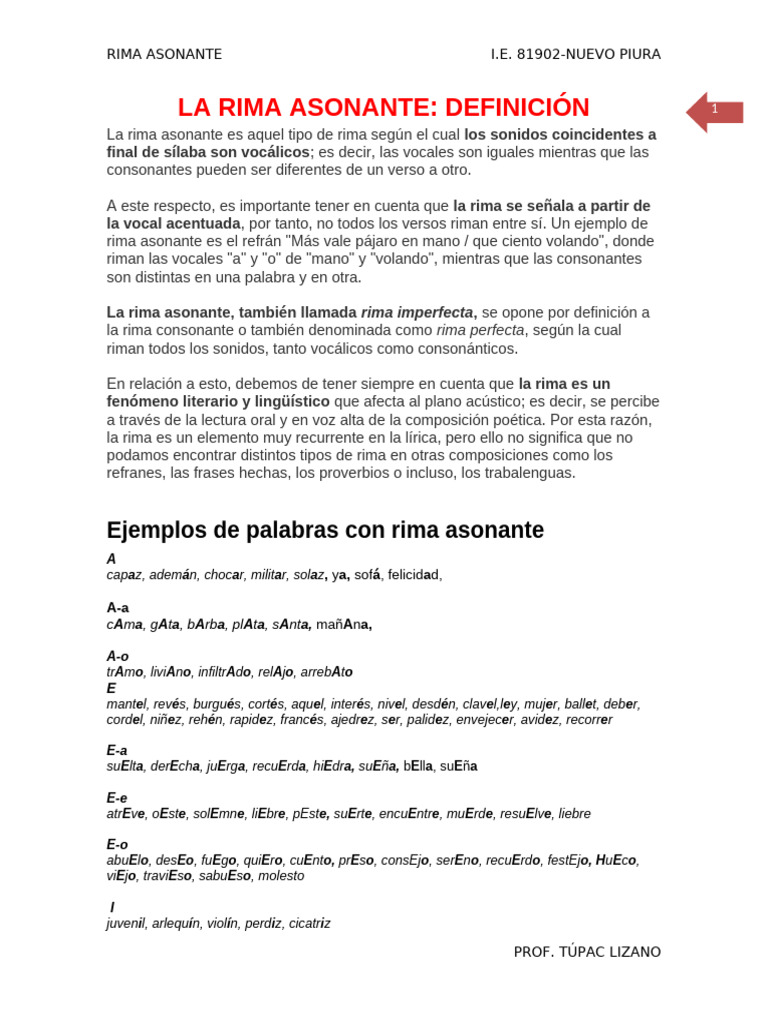 Rima Asonante Con Ejemplos | PDF | Rima | Vocal