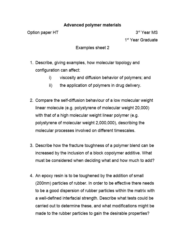 Advanced Polymers Question Sheet 2 - Tagged | PDF