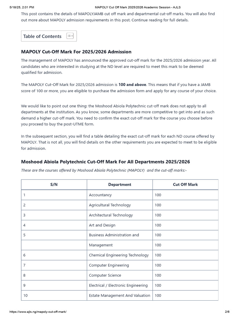 MAPOLY 2025/2026 Cut-Off Marks Guide | PDF | Engineering