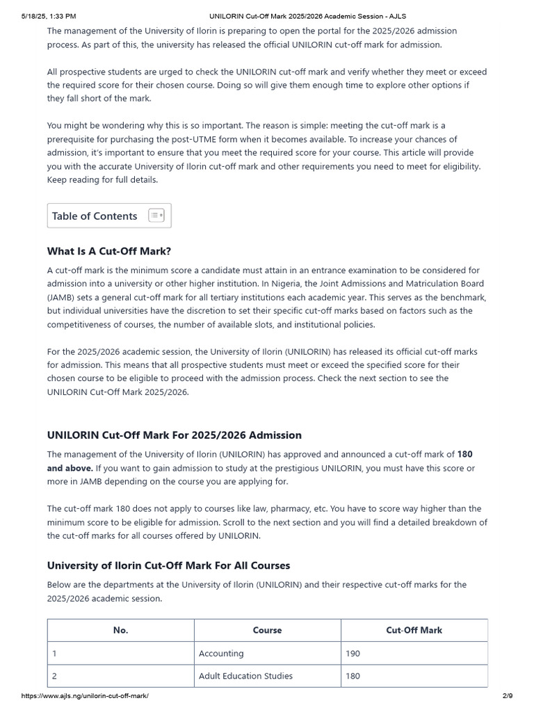UNILORIN Cut-Off Mark 2025 - 2026 Academic Session - AJLS | PDF ...