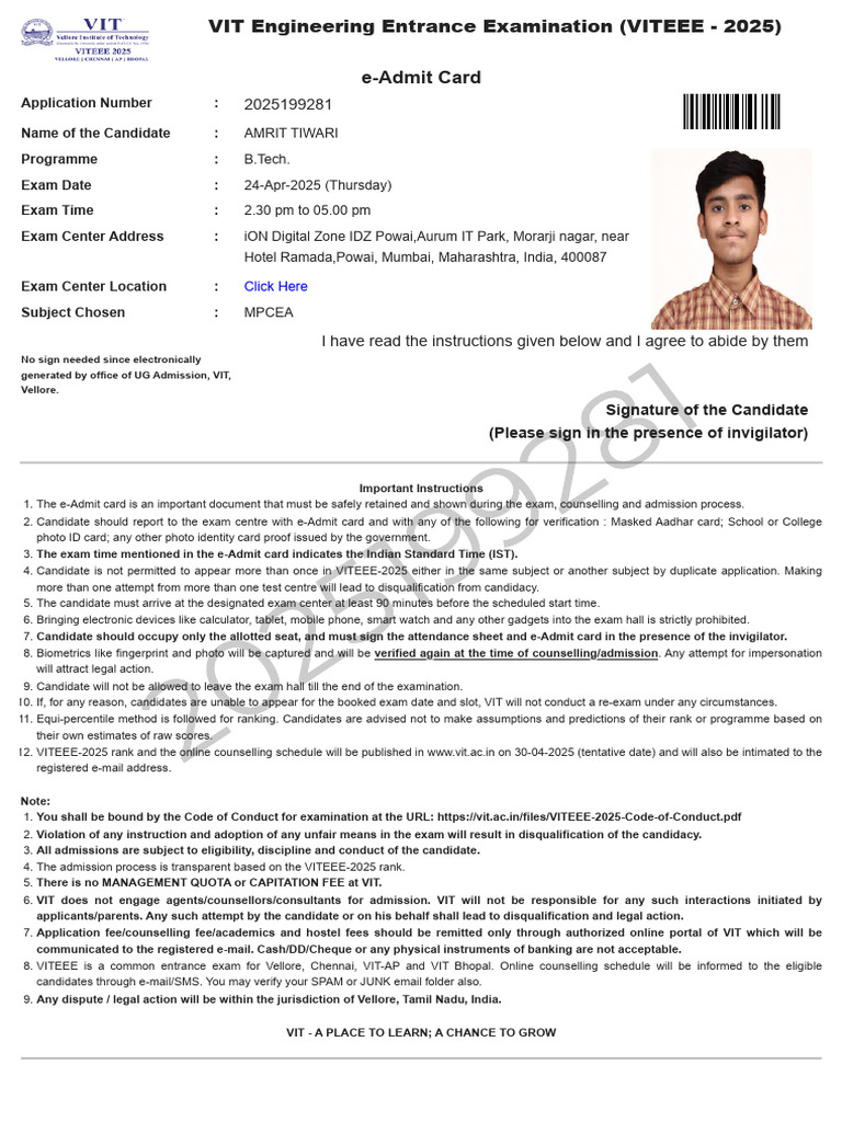 VITEEE 2025 e-Admit Card Details | PDF