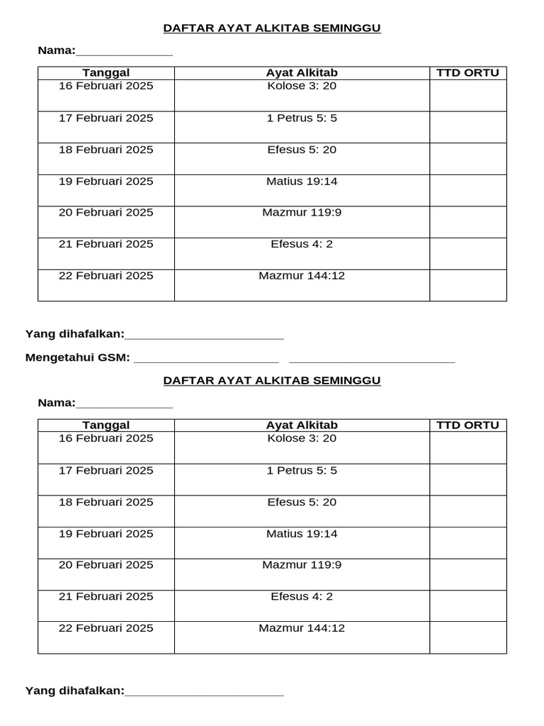 Daftar Ayat Alkitab Seminggu2025 | PDF