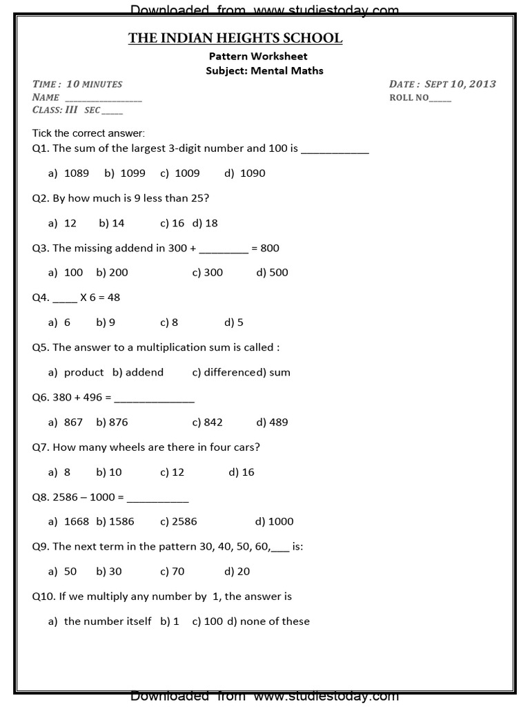 CBSE Class 3 Mathematics Practice Worksheets 19 Mental Maths | PDF