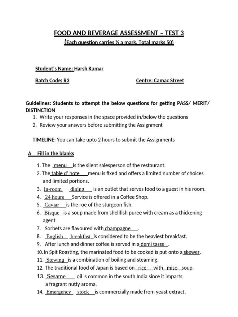 Food and Beverage Assessment Test 3 | PDF | Sauce | Menu
