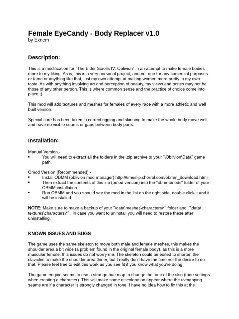 Female EyeCandy Body Replacer v1.0 | PDF