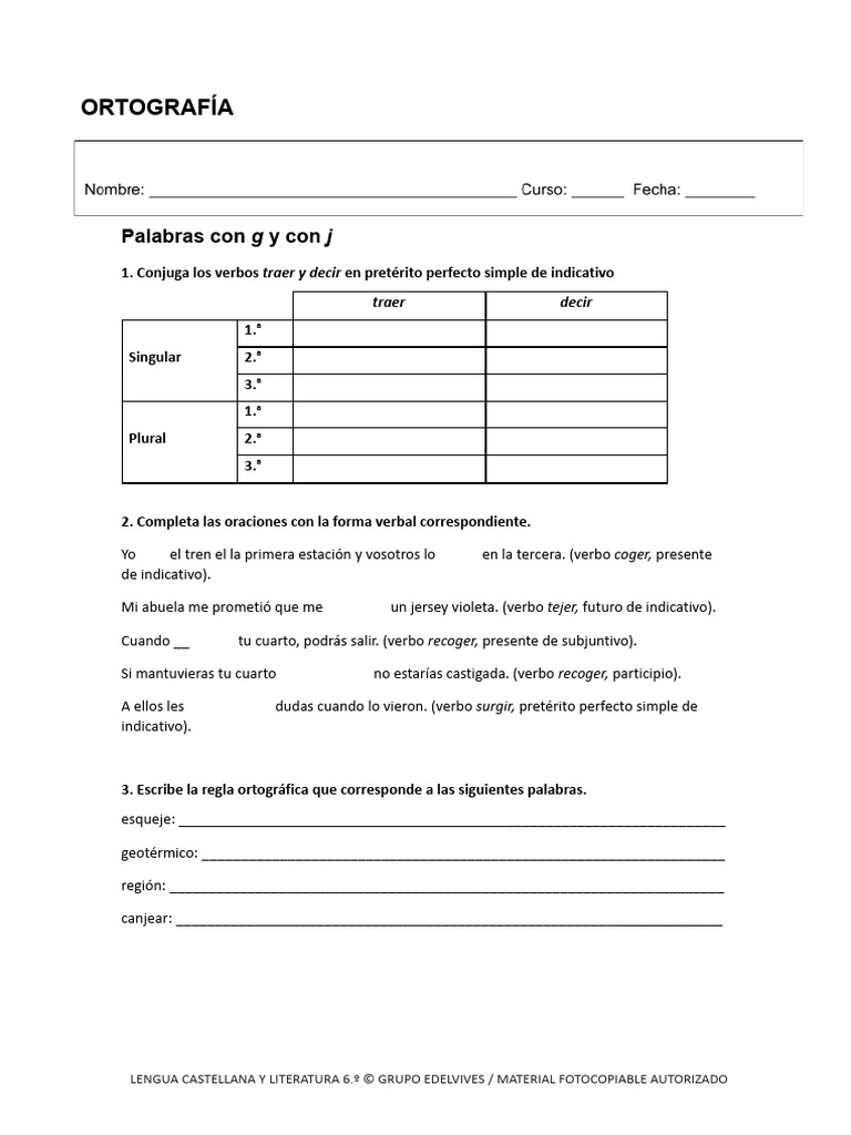 6LCL Ortografia 11 Palabras Con G y Con J | PDF | Verbo | Sintaxis