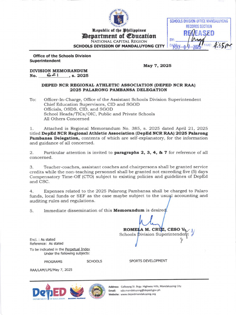 DM No. 621, S. 2025. Deped NCR Regional Athletic Association (Deped NCR ...