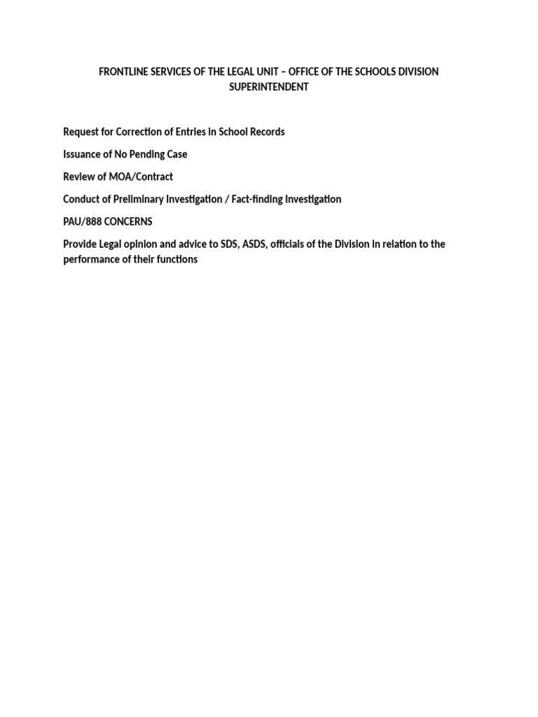 Frontline Services of The Legal Unit | PDF