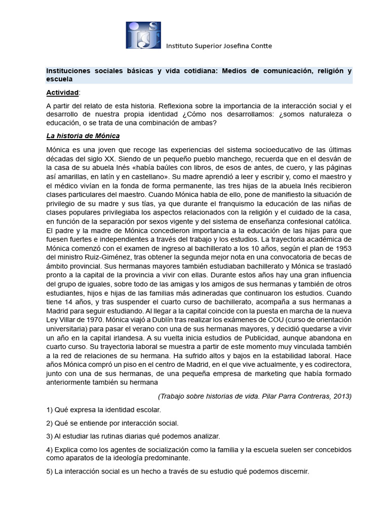 ACTIVIDAD-Instituciones Sociales Básicas y Vida Cotidiana | PDF