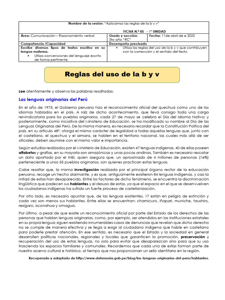 COPIA 5° REGLAS DEL USO DE LA B y V 5TO AÑO 2025 | PDF | Perú | Lengua ...