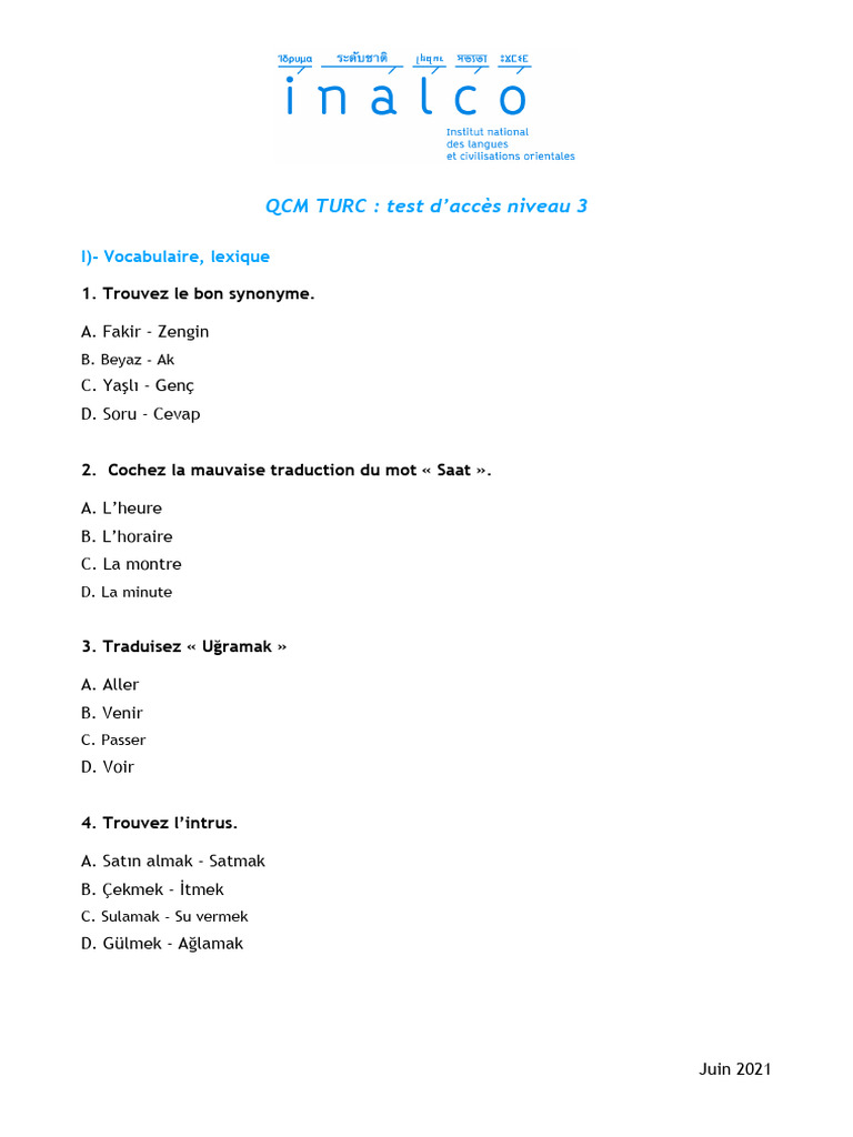 QCM Turc - Niveau 3 Test 0 | PDF