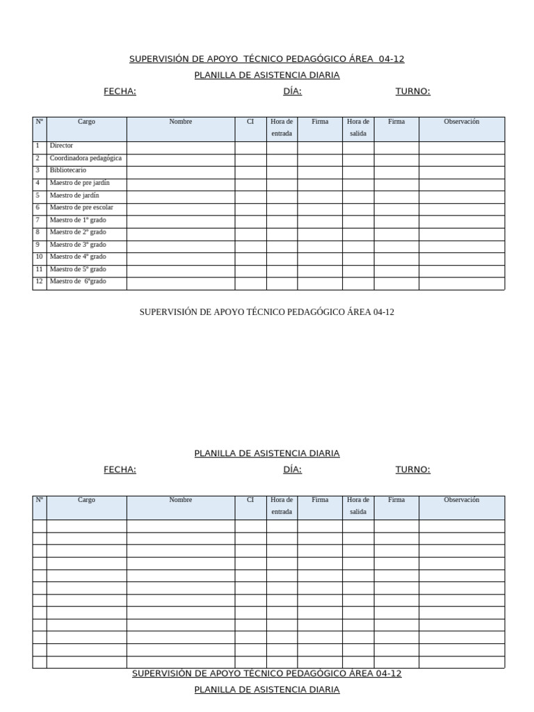 Planilla de Asistencia Diaria. Ejemplo | PDF