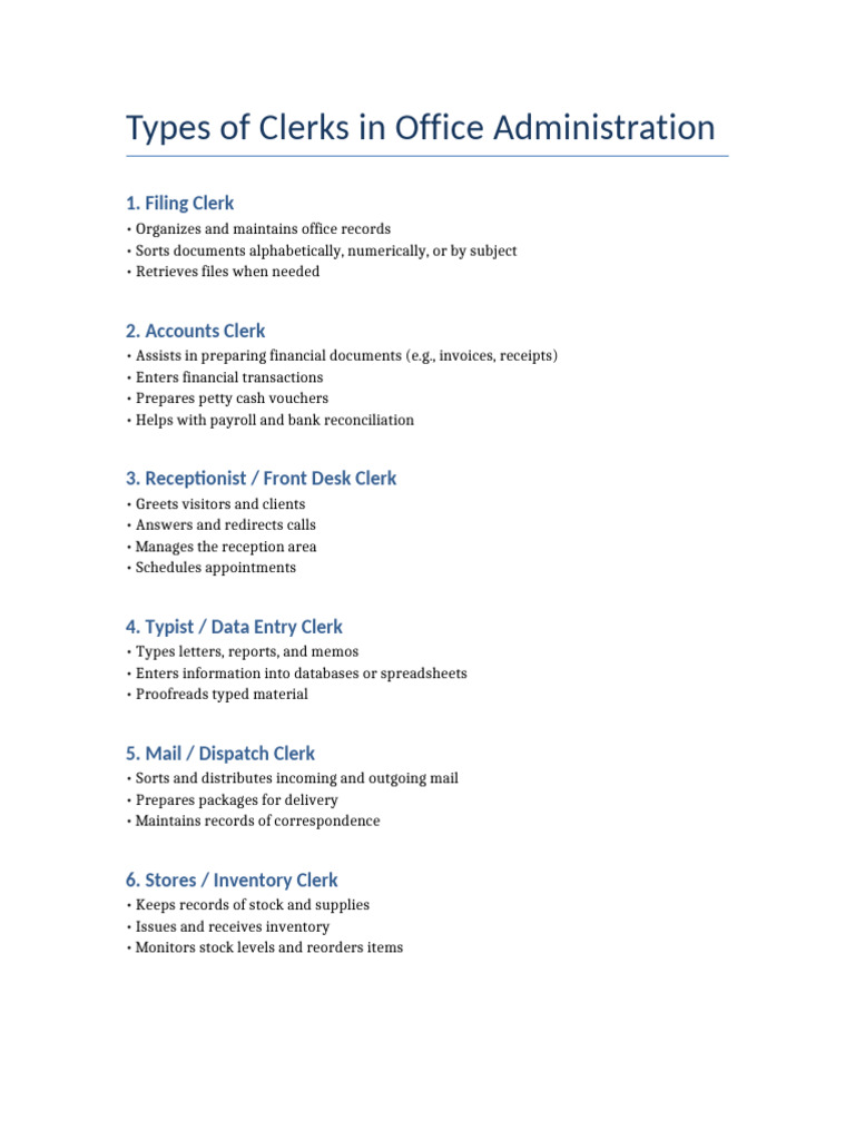 Types of Clerks in Office Administration | PDF