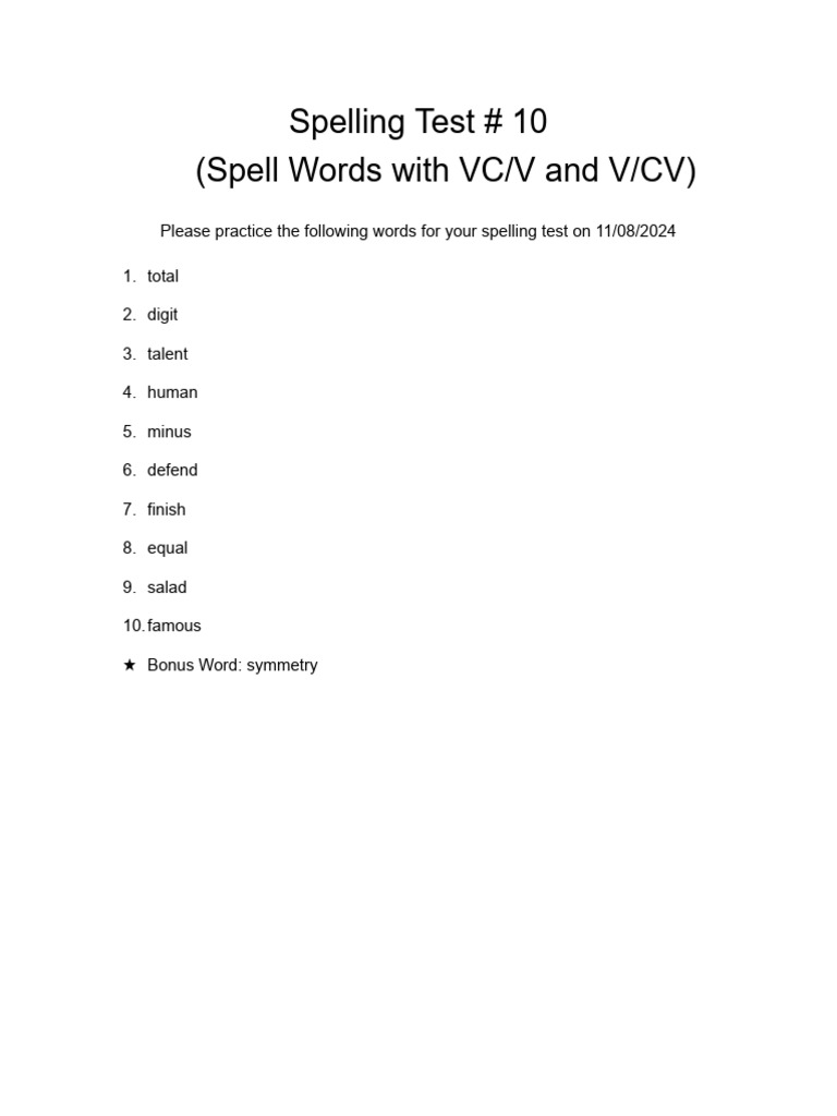 3rd Grade Spelling Test #10 | PDF
