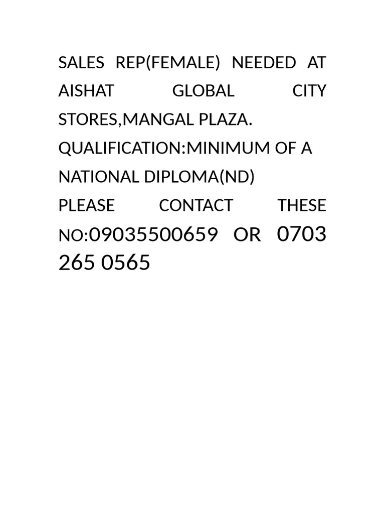 Sales Rep (Female) Needed at Aishat Global City Stores, Mangal Plaza ...