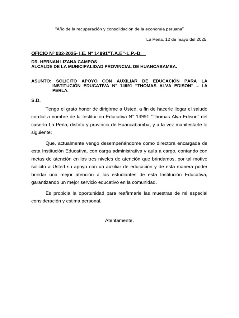 Oficio Solicito Apoyo Auxiliar | PDF