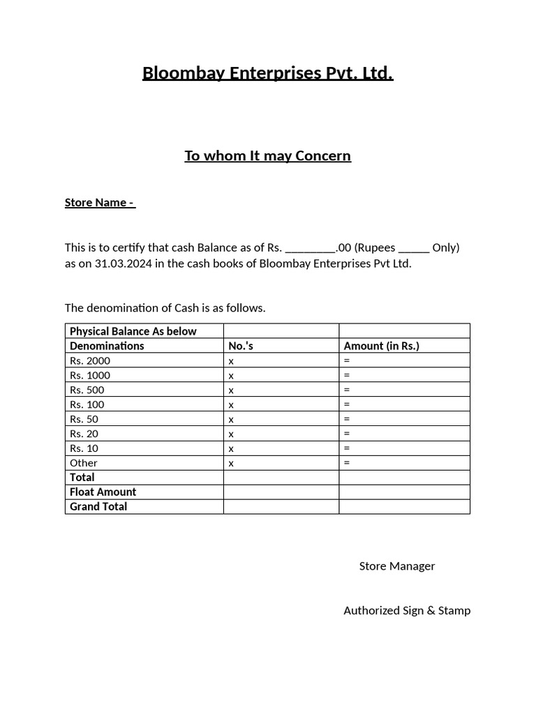 Cash in Hand Certificate | PDF