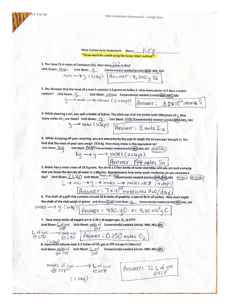 Mole Conversions Homework-KEY | PDF