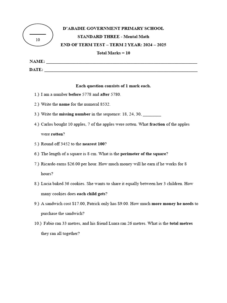 Mental Math Term 2 Test 2025 | PDF