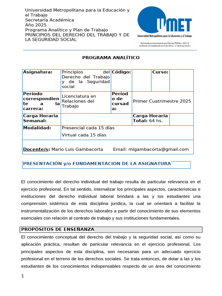 2025 Programa Principios Del DTySS - Mario Gambacorta | PDF | Derecho laboral | Salario