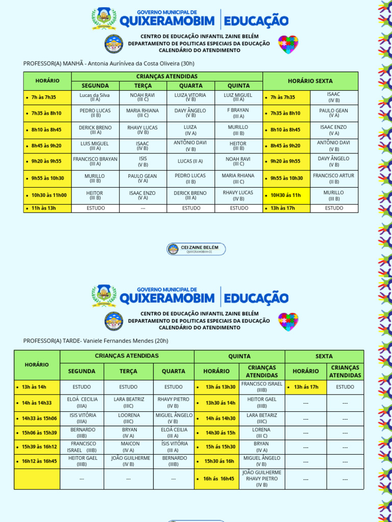 Calendário de Atendimento Aee 2025 - Zaine Belém | PDF