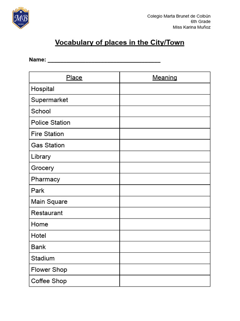 Table With All Vocabulary of Places | PDF