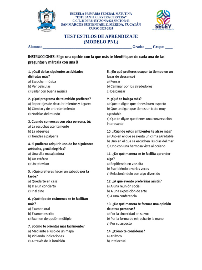 Test De Estilos De Aprendizaje Pnl Pdf
