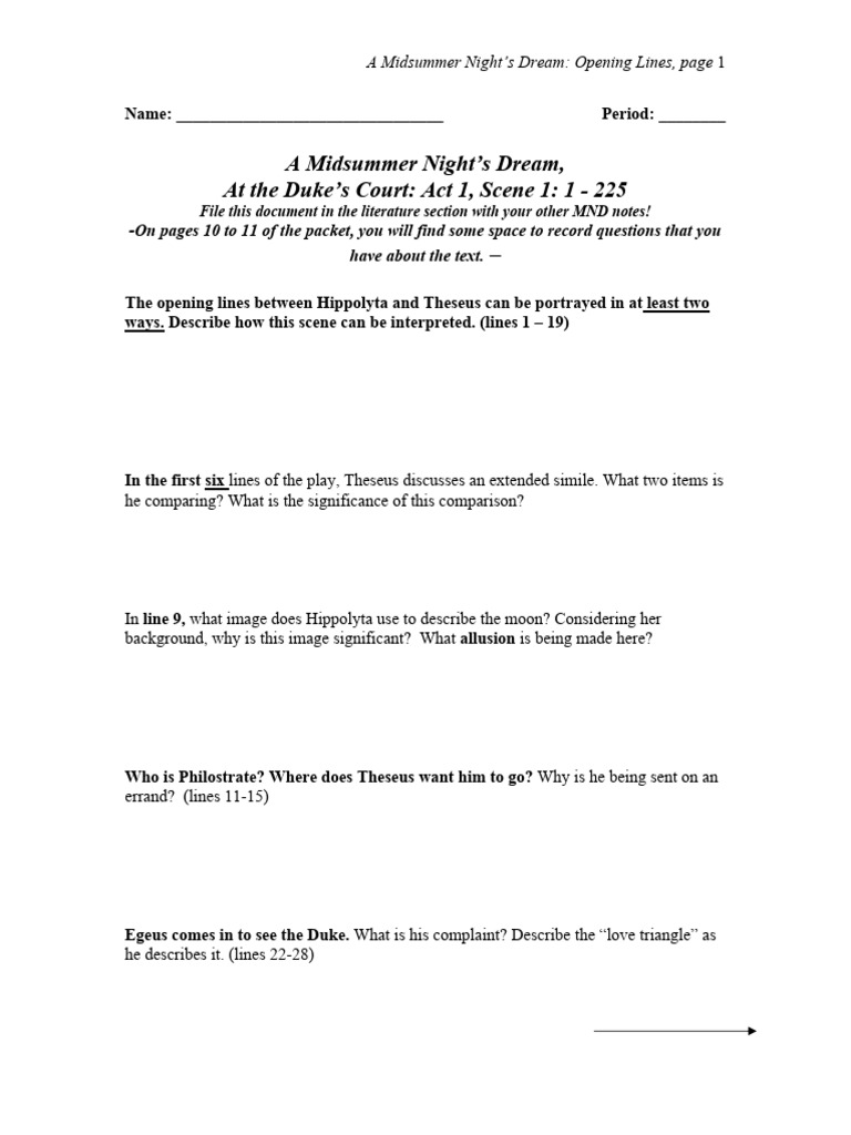 A Midsummer Nights Dream Act 1 Notes (2) | PDF | A Midsummer Night's Dream