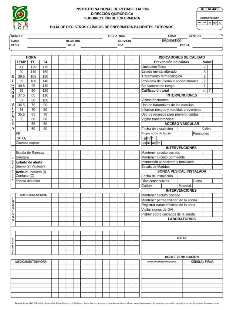 Instructivo y Hoja de Registros Clinicos de Enfermeria Pacientes ...