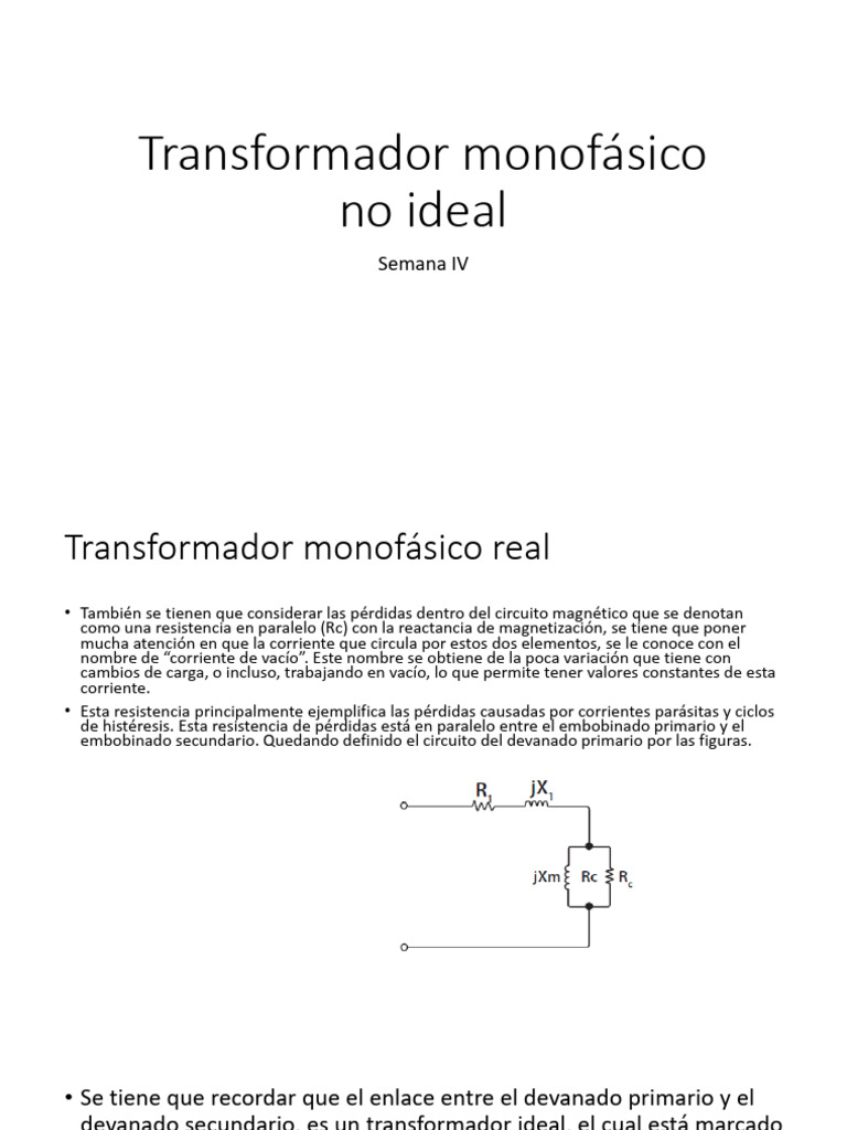 Semana IV Transformador Monofásico No Ideal | PDF | Inductor | Transformador