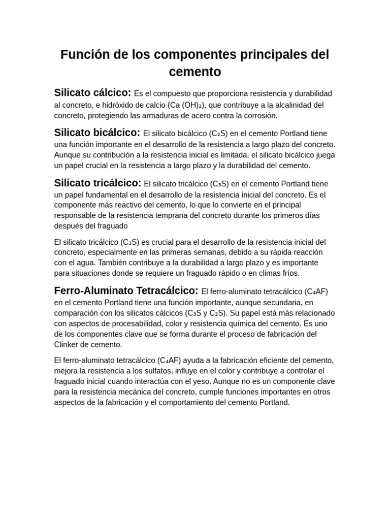 Función de los componentes principales del cemento | PDF