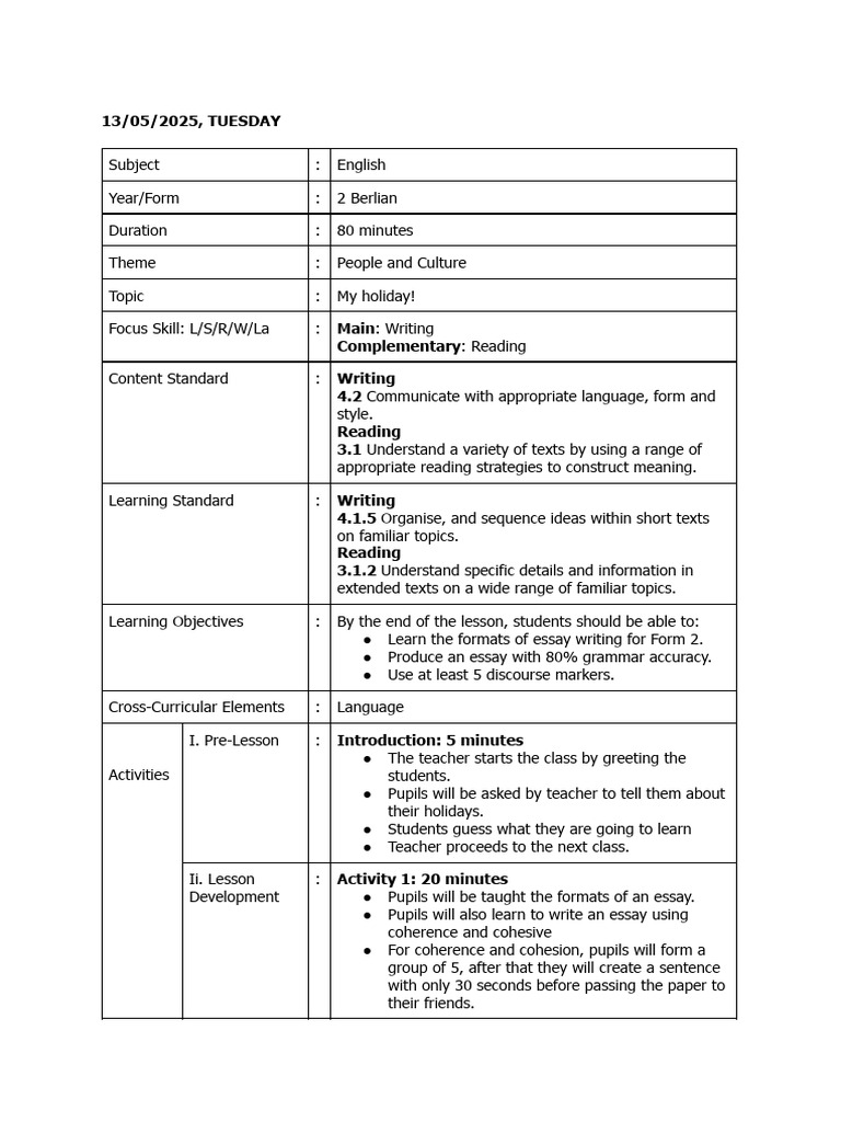 Essay Writing Lesson Plan for Form 2 | PDF | Essays | Human Communication