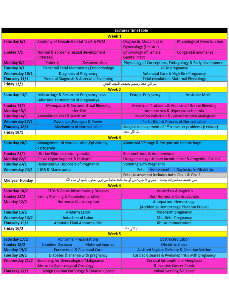 Obs-Gyna Nebras Timetable | PDF | Pregnancy | Childbirth