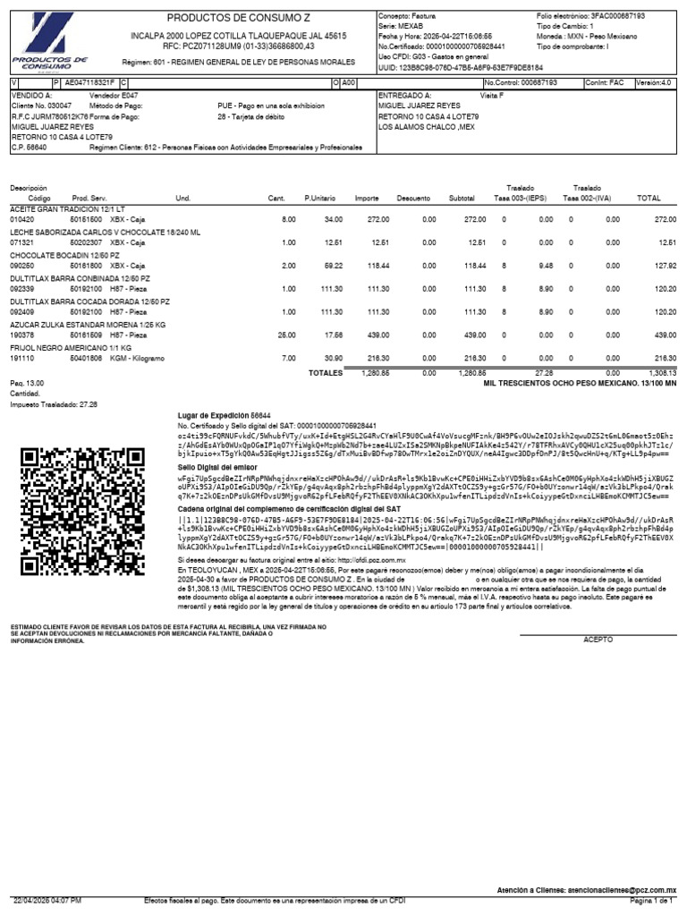 Incalpa 2000 Lopez Cotilla Tlaquepaque Jal 45615 RFC: PCZ071128UM9 (01 ...