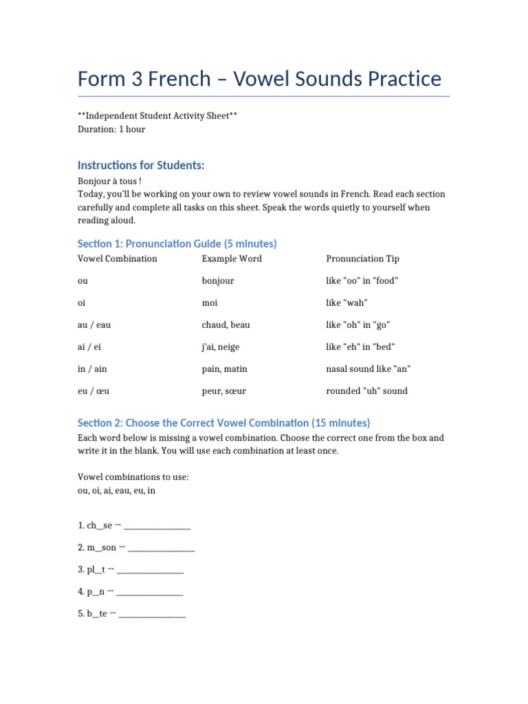Form3 French Vowel Sounds Practice | PDF