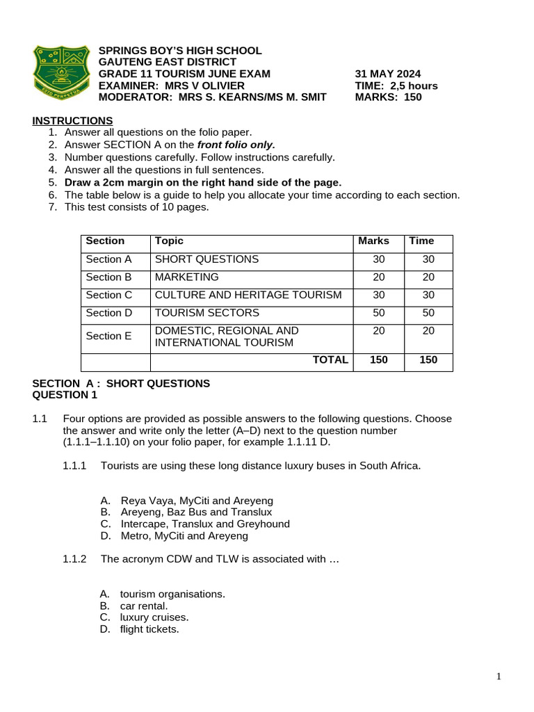 Grade 11 Tourism June Exam 2024 | PDF | Marketing | Tourism