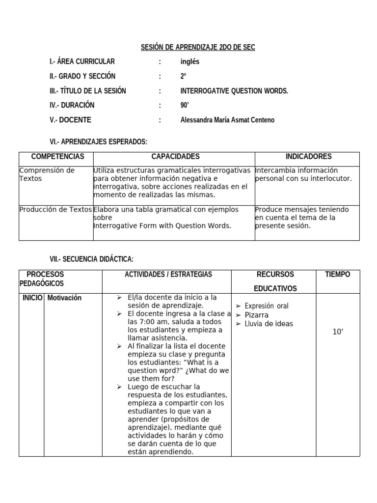 Sesion 2DO SEC Progressive Neg and WH Questions | PDF | Aprendizaje | Comunicación humana