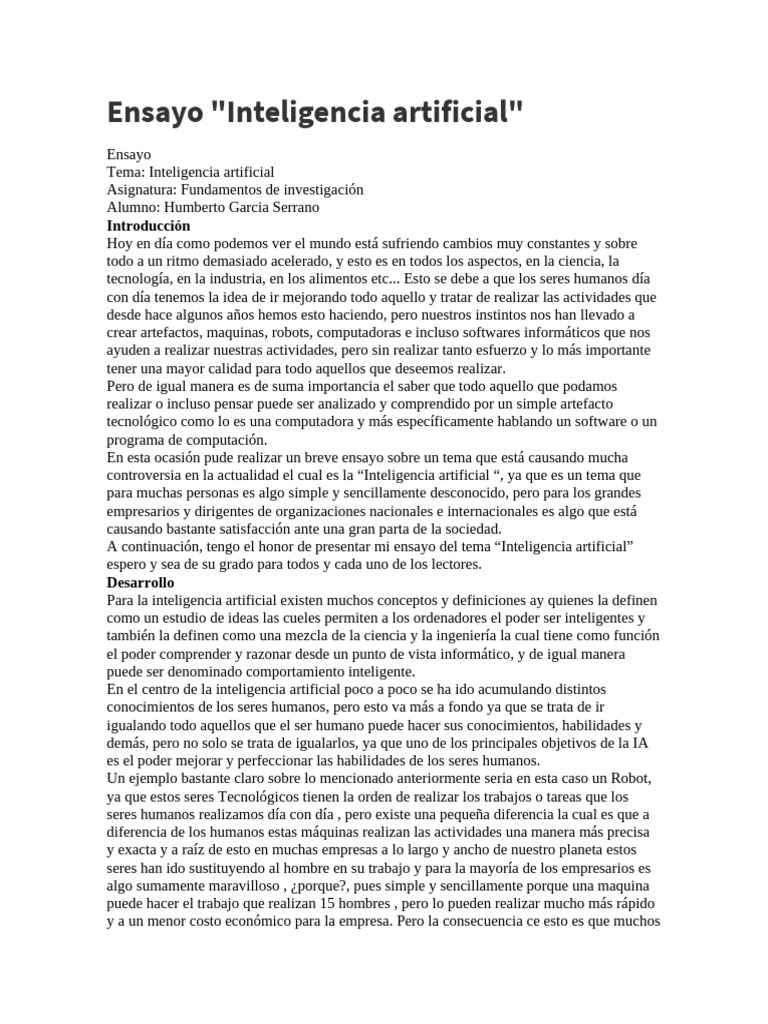 Ensayo sobre Inteligencia Artificial | PDF | Inteligencia artificial ...