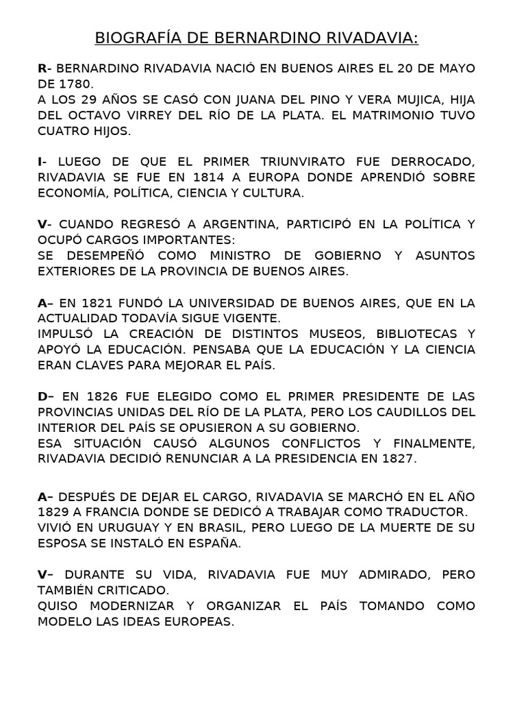 Biografía de Bernardino Rivadavia | PDF