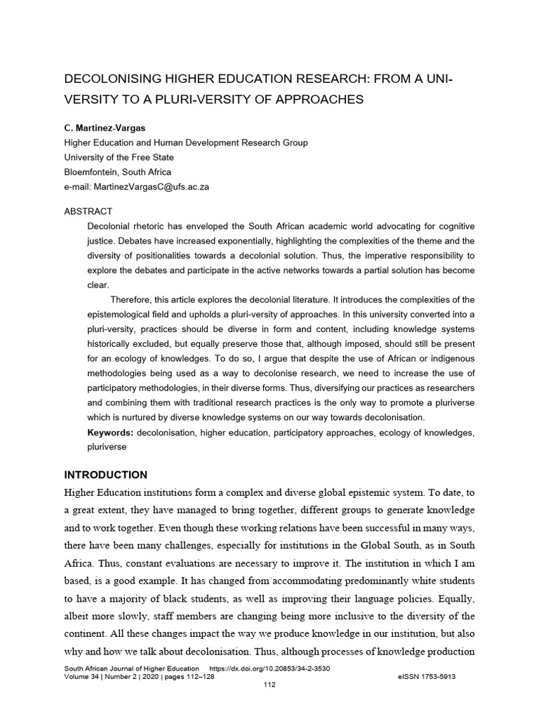 Decolonising Higher Education Research - From A University To A Pluri-Versity of Approaches ...