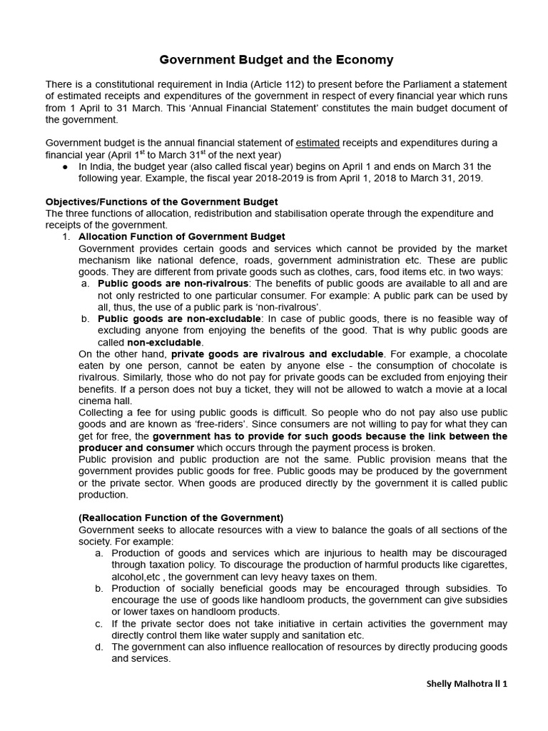 Student Handout - Government Budget and The Economy | PDF | Taxes ...