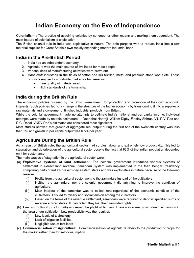 Indian Economy Pre-Independence Overview | PDF | British Raj | Exports