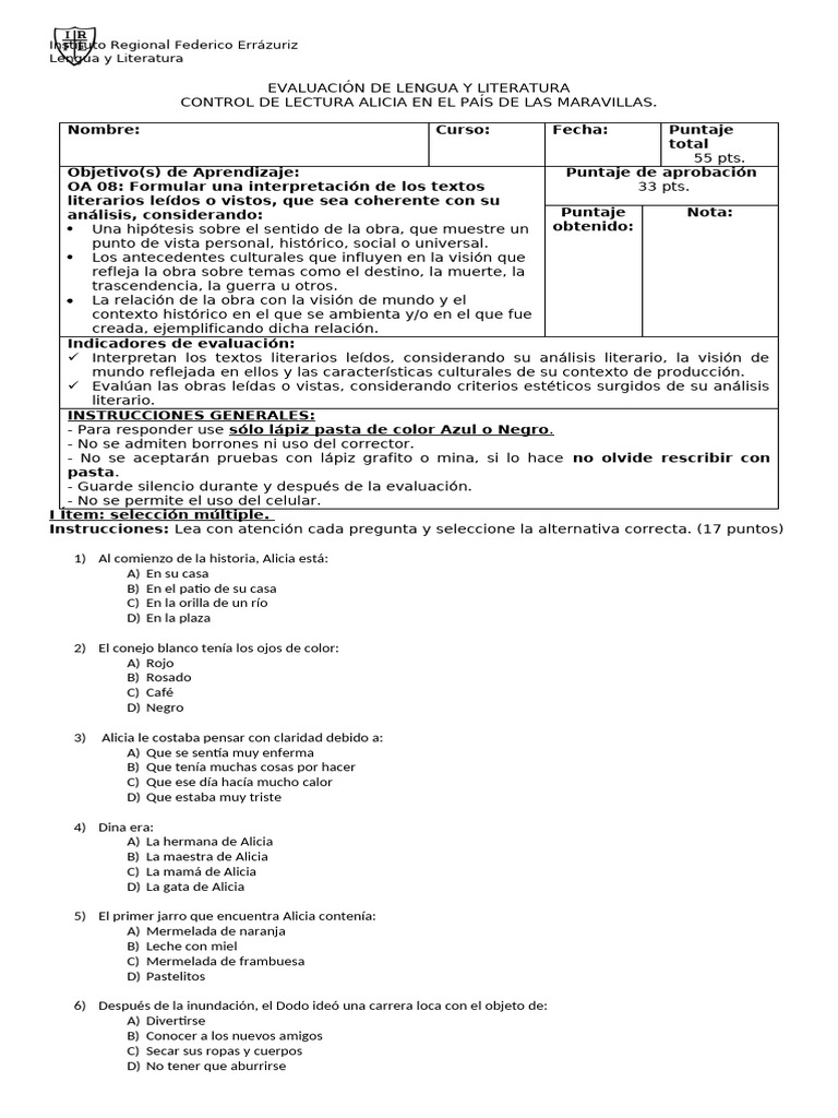 Prueba Alicia Maravillas | PDF | Las aventuras de Alicia en el País de ...
