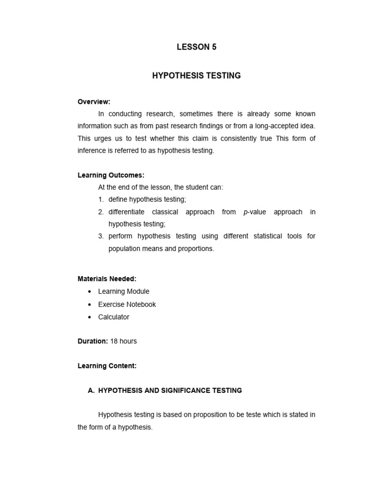 Lesson 5 Hypothesis Testing | PDF | Type I And Type Ii Errors | P Value