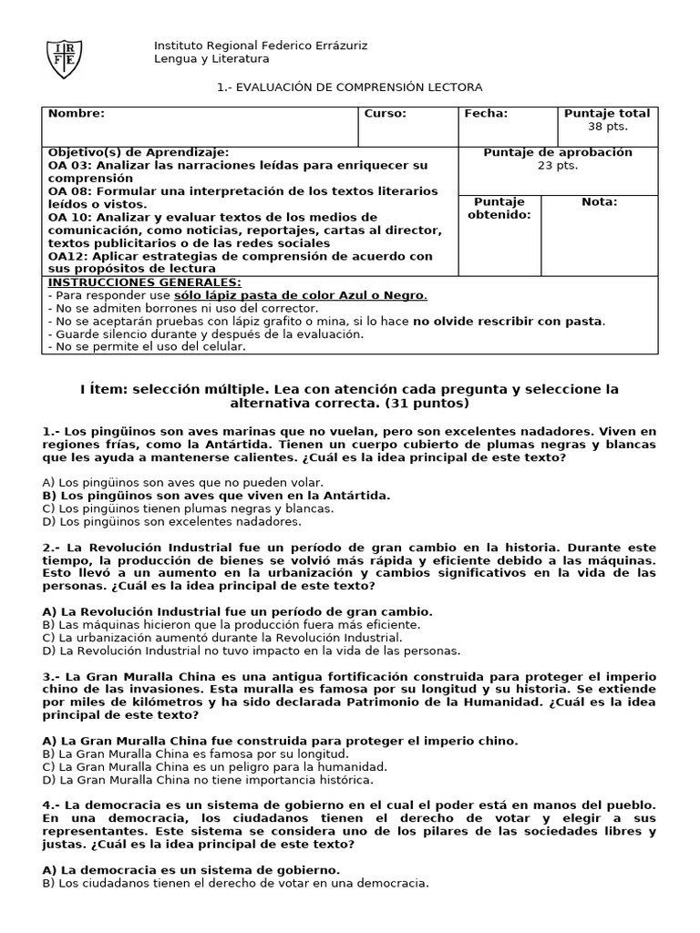 I - EVALUACIÓN DE COMPRENSIÓN LECTORA - Con Respuestas | PDF | Dieta ...