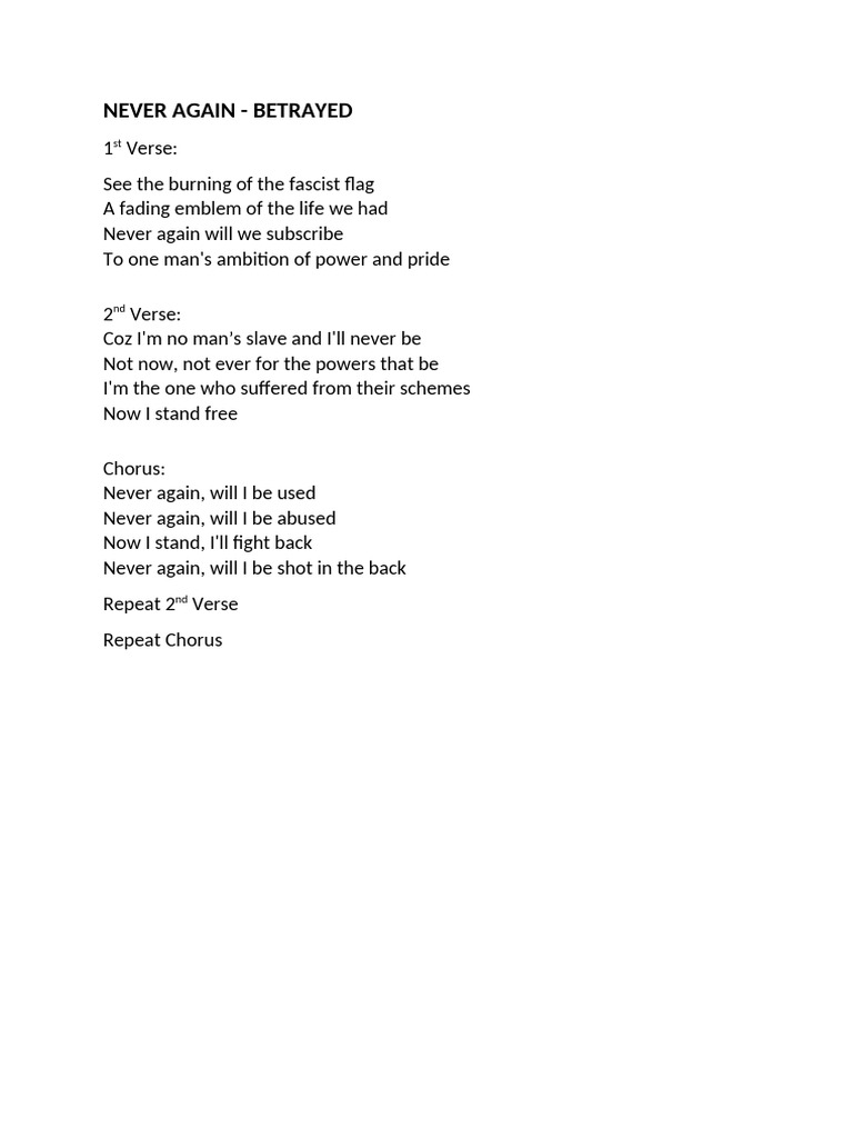 Never Again - Betrayed Lyrics | PDF