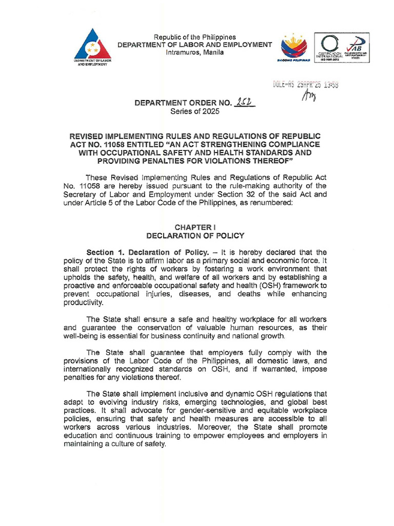 DO 252 Revised IRR of RA 11058 | PDF