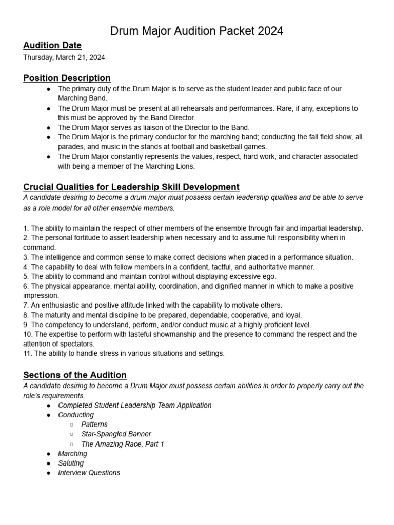 Drum Major Audition Guidelines 2024 | PDF | Tempo | Leadership