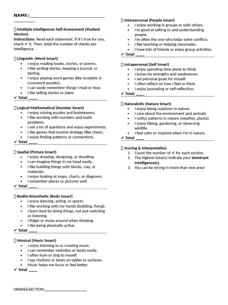 Multiple Intelligences Self Assessment | PDF | Behavior Modification ...